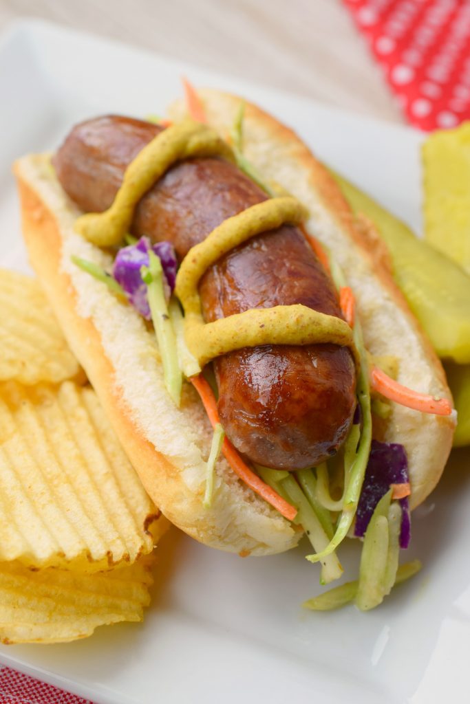 Bratwurst with Honey Dijon Broccoli Slaw - Who Needs A Cape?